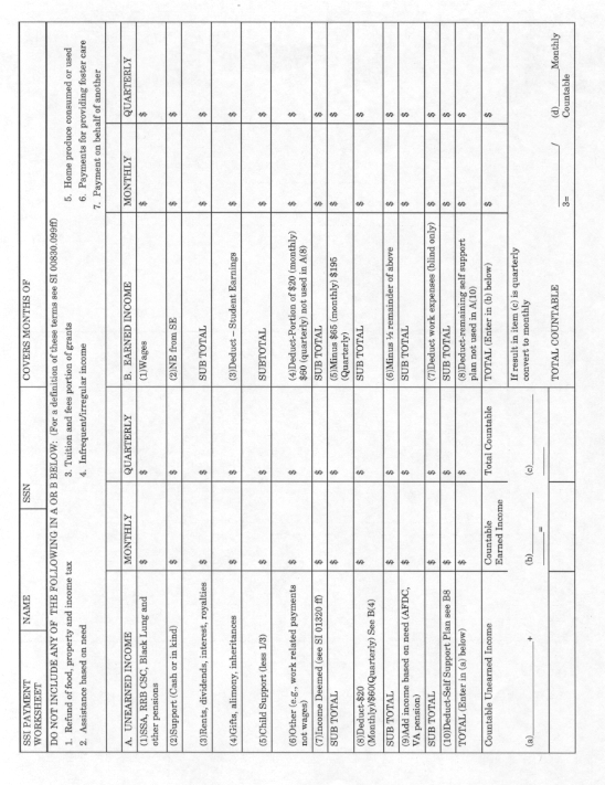 SSA - POMS: SI 02009.070 - SSA-8106/SSA-8106A SSI PAYMENT WORKSHEET - 11/27/2002