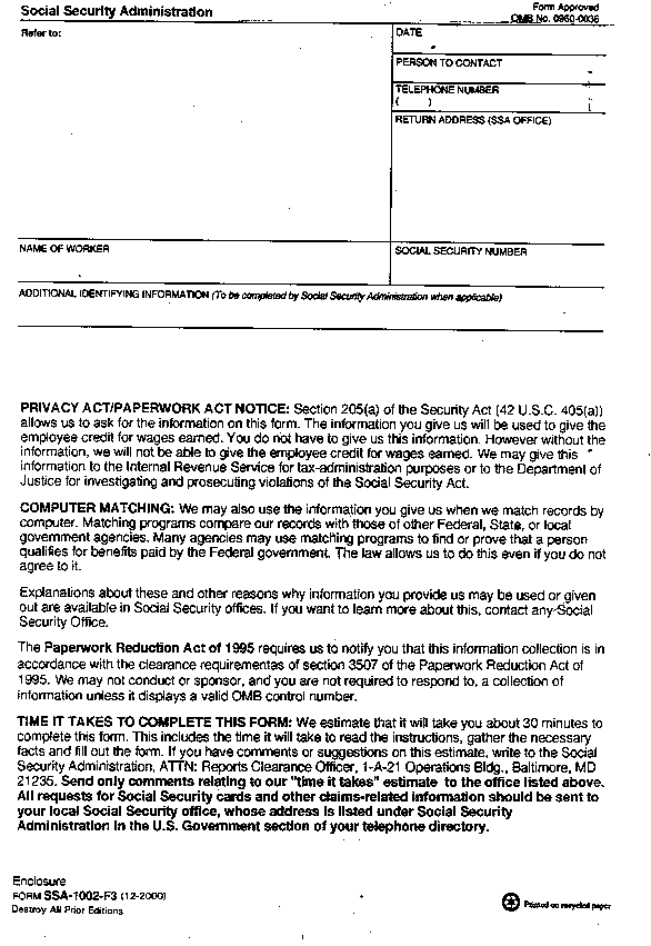 SSA - POMS: RS 01403.115 - Form SSA-1002-F3 (Statement of Agricultural Employer (Years Prior to ...