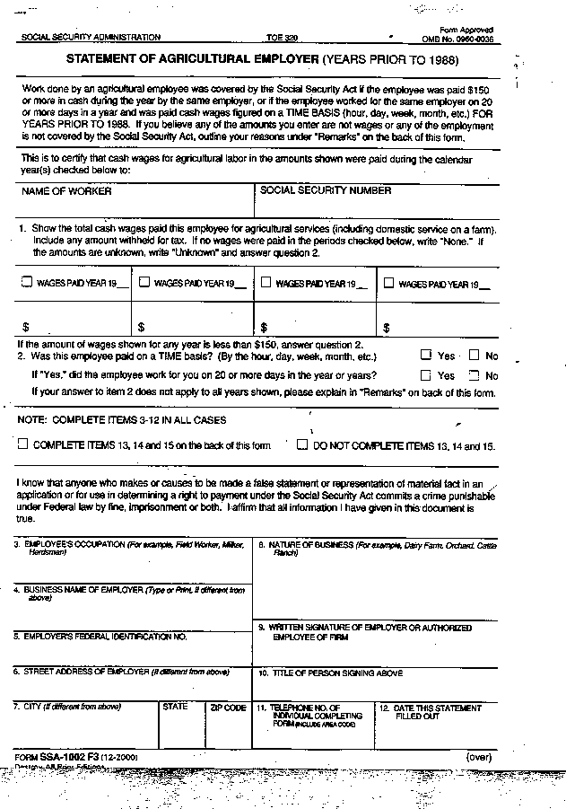 SSA - POMS: RS 01403.115 - Form SSA-1002-F3 (Statement of Agricultural Employer (Years Prior to ...