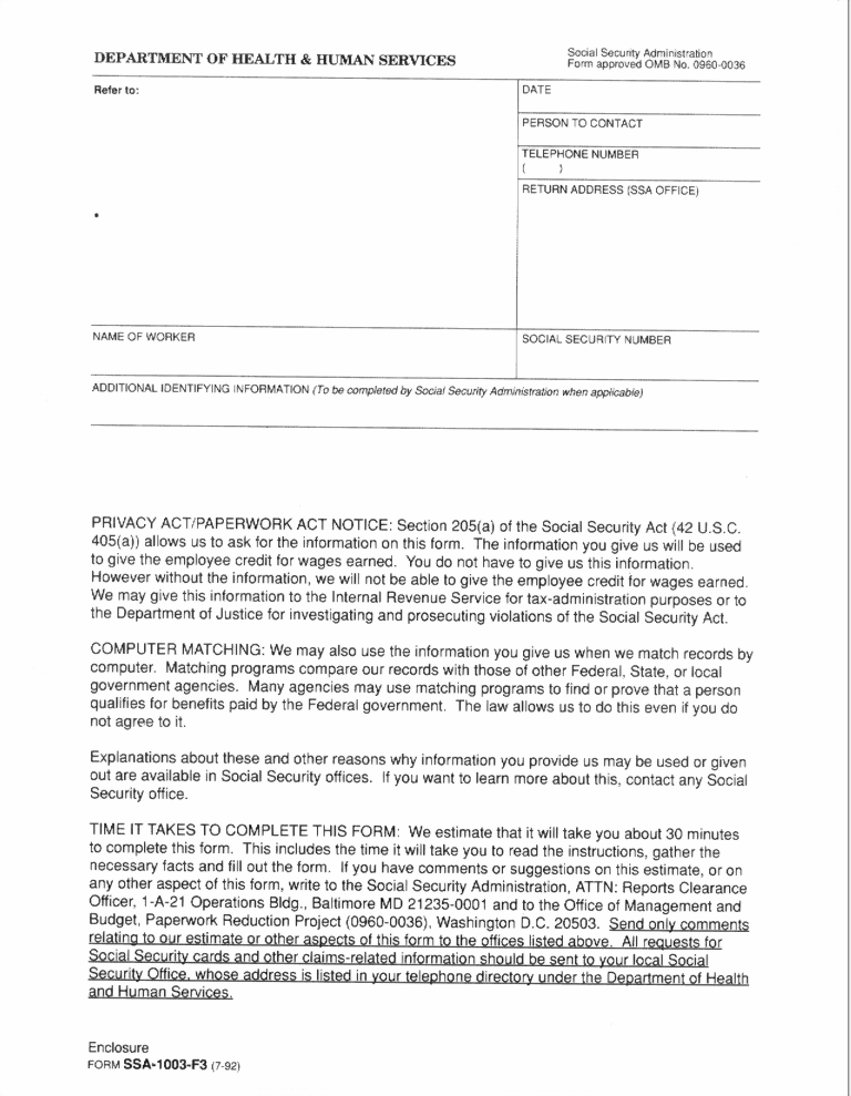 SSA - POMS: RS 01403.120 - Form SSA-1003-F3 (Statement of Agricultural Employer for Years 1988 ...